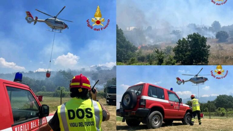Collina a fuoco, intervengono i pompieri. In azione anche elicottero